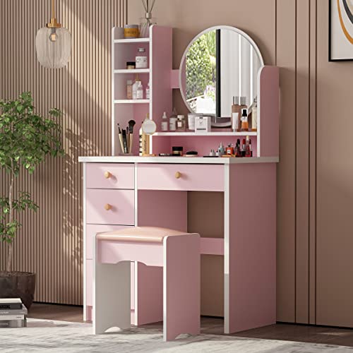 AIEGLE Vanity Desk Set with Round Mirror, Makeup Dressing Table with Shelves & Cushioned Stool, Vanity Desk & Vanity Stool Set, Pink (31.5" W x 15.7" D x 52" H)