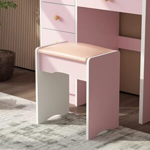 AIEGLE Vanity Desk Set with Round Mirror, Makeup Dressing Table with Shelves & Cushioned Stool, Vanity Desk & Vanity Stool Set, Pink (31.5" W x 15.7" D x 52" H)