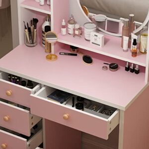 AIEGLE Vanity Desk Set with Round Mirror, Makeup Dressing Table with Shelves & Cushioned Stool, Vanity Desk & Vanity Stool Set, Pink (31.5" W x 15.7" D x 52" H)