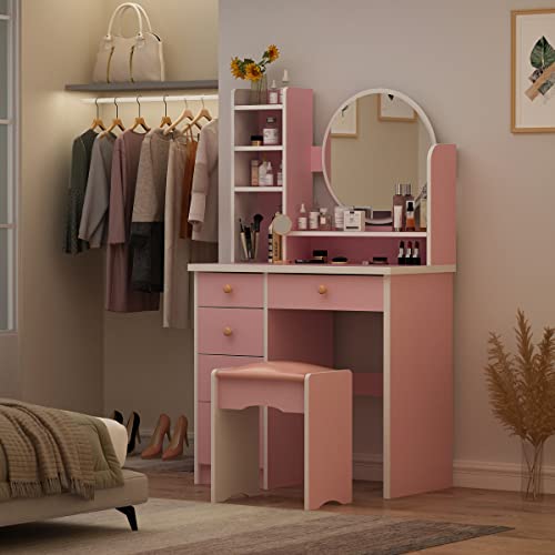 AIEGLE Vanity Desk Set with Round Mirror, Makeup Dressing Table with Shelves & Cushioned Stool, Vanity Desk & Vanity Stool Set, Pink (31.5" W x 15.7" D x 52" H)