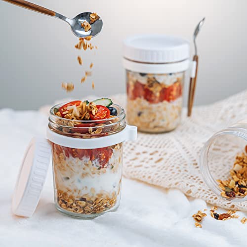 SMARCH Overnight Oats Jars with Lid and Spoon，10 oz Large Capacity Airtight Oatmeal Container with Measurement Marks, Mason Jars with Lid for Cereal On The Go Container (white)