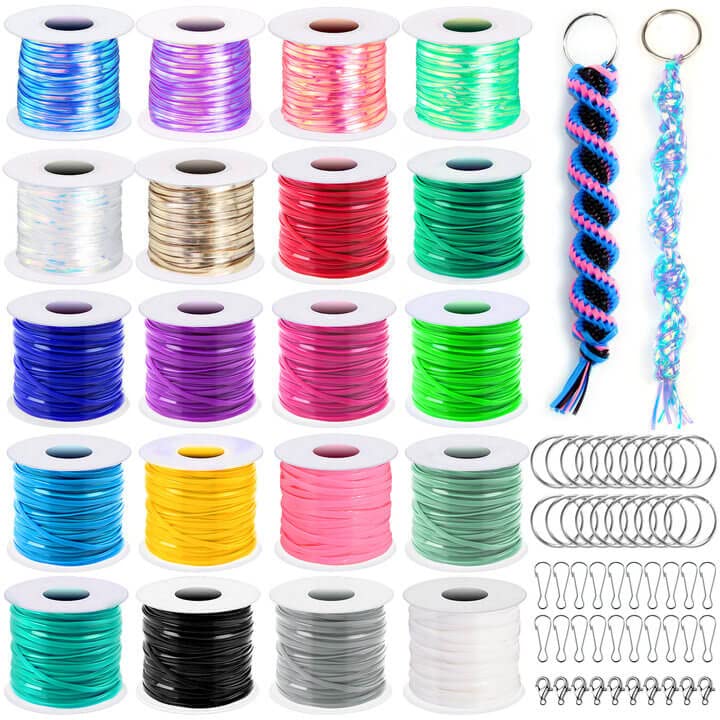 Cridoz Boondoggle Lanyard String Kit with 20 Rolls Plastic Lacing Cord and 50Pcs Keychain Lanyard Accessories, Gimp String Weaving Kit for Keychain Crafts, Bracelet and Lanyards