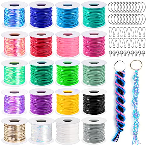 Cridoz Boondoggle Lanyard String Kit with 20 Rolls Plastic Lacing Cord and 50Pcs Keychain Lanyard Accessories, Gimp String Weaving Kit for Keychain Crafts, Bracelet and Lanyards