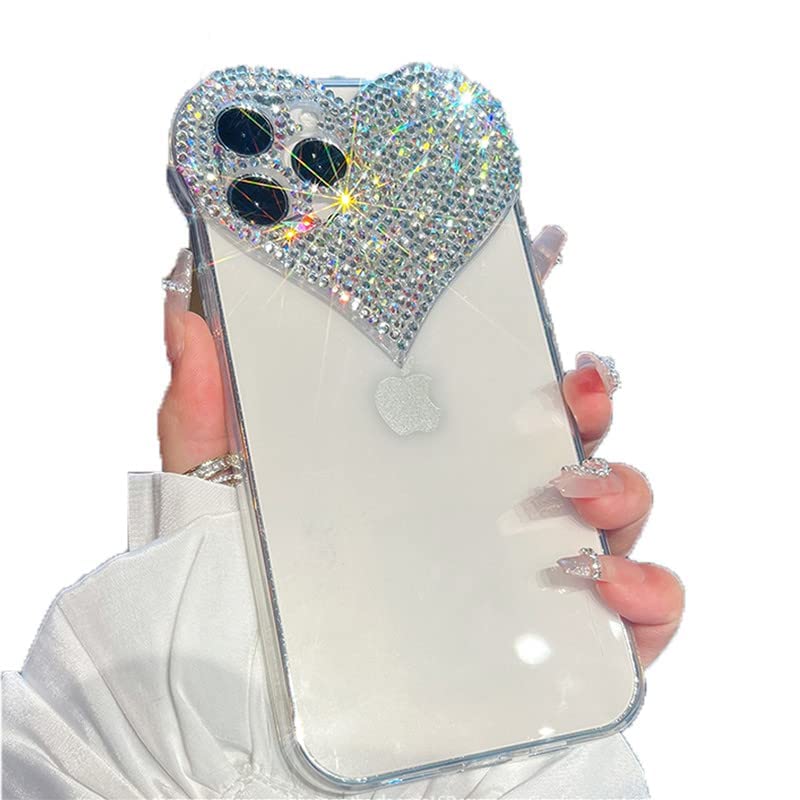 Clear Glitter Case Compatible with iPhone 12 Pro Max, 3D Heart Design Phone Cover with Girly Bling Diamond Rhinestone Sparkle Loving Hearts Slim Fit Soft Shockproof Protective Case for Women Girls