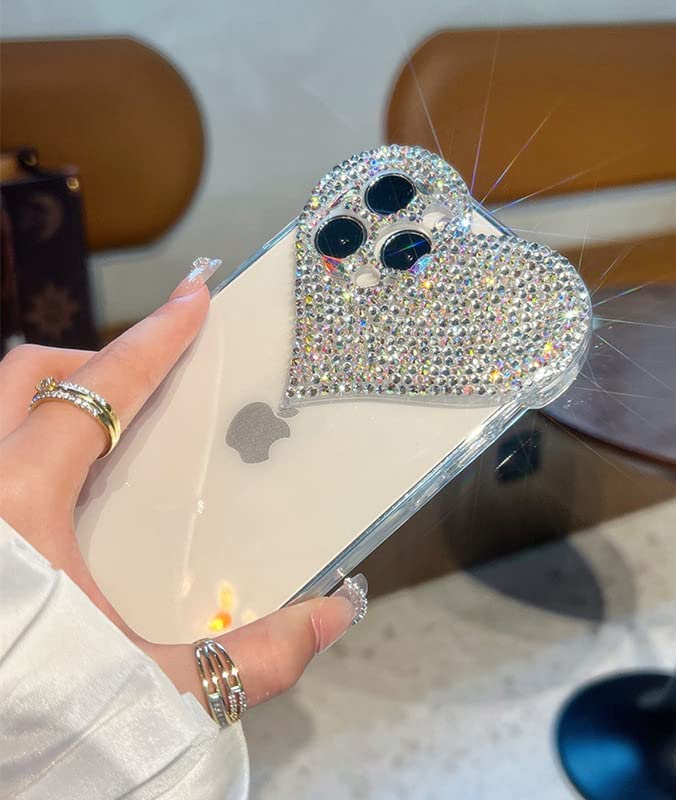 Clear Glitter Case Compatible with iPhone 12 Pro Max, 3D Heart Design Phone Cover with Girly Bling Diamond Rhinestone Sparkle Loving Hearts Slim Fit Soft Shockproof Protective Case for Women Girls