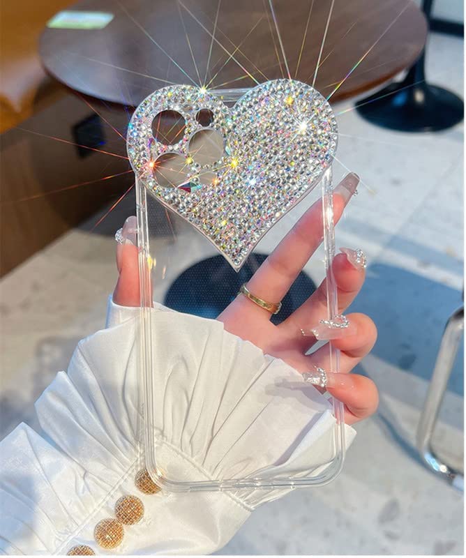 Clear Glitter Case Compatible with iPhone 12 Pro Max, 3D Heart Design Phone Cover with Girly Bling Diamond Rhinestone Sparkle Loving Hearts Slim Fit Soft Shockproof Protective Case for Women Girls