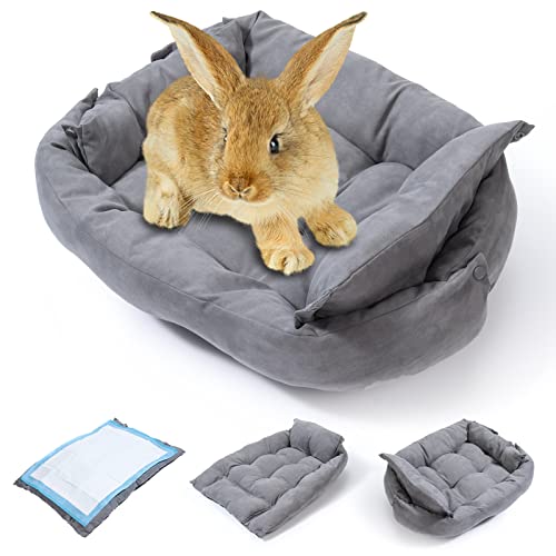 PStarDMoon Bunny Bed for Small Animals with 2 Pee Pad, Machine Washable Sleeping Rabbit Sofa Bed Bottom Breathable Soft Bunny Bed for Cats Kittens Rabbits Bunny Guinea Pigs Kitty (Grey, Style 1)