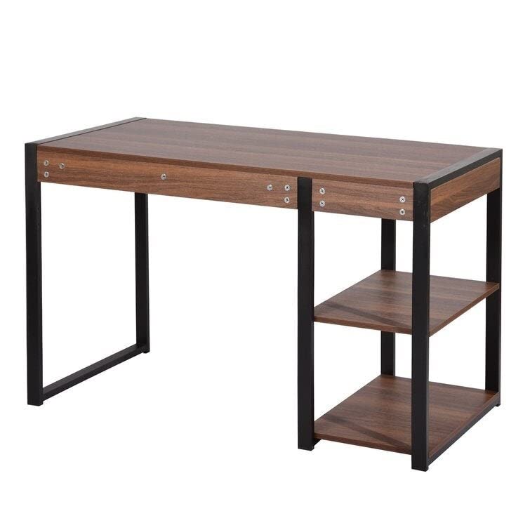 Computer Desk Home Office Writing Pc Workstation with 2 Tier Shelves Storage Brown Modern Contemporary Rectangular Metal Wood Finish