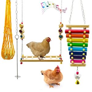 hamiledyi chicken swing for coop, 4 pcs colorful chick hanging swing toys with xylophone vegetable string bag fruit skewer, chicken coop accessories for chicks macaw parrots birds