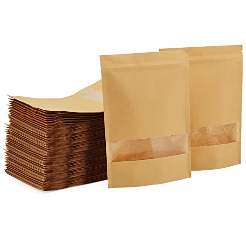 MOUYAT 200 PCS 7 x 10 Inches Kraft Stand Up Pouches, Kraft Paper Bags with Window, Heat-Sealable Zip Lock Food Storage Bags for Kitchen, Business, Retail