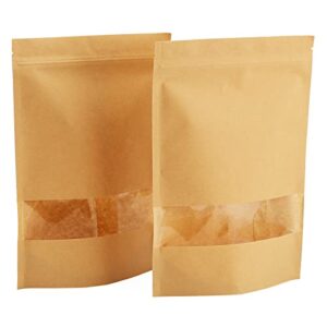 MOUYAT 200 PCS 7 x 10 Inches Kraft Stand Up Pouches, Kraft Paper Bags with Window, Heat-Sealable Zip Lock Food Storage Bags for Kitchen, Business, Retail