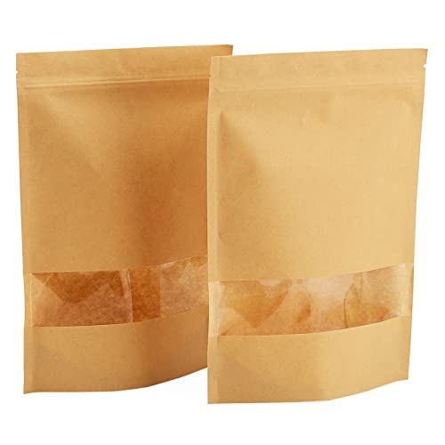 MOUYAT 200 PCS 7 x 10 Inches Kraft Stand Up Pouches, Kraft Paper Bags with Window, Heat-Sealable Zip Lock Food Storage Bags for Kitchen, Business, Retail