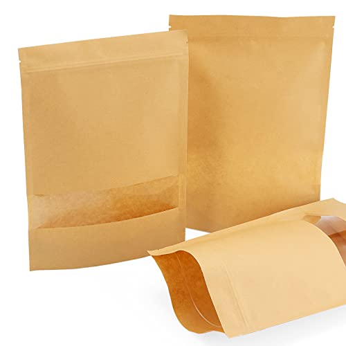 MOUYAT 200 PCS 7 x 10 Inches Kraft Stand Up Pouches, Kraft Paper Bags with Window, Heat-Sealable Zip Lock Food Storage Bags for Kitchen, Business, Retail