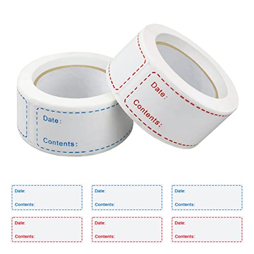 250Pcs 2 Rolls Self-Adhesive Removable Freezer Labels Food Date Labels Roll 1 x 3 Inch Waterproof Oil-Resistant Kitchen Refrigerator Labels, Easy to Write and Clean, 2 Color (Red,Blue)