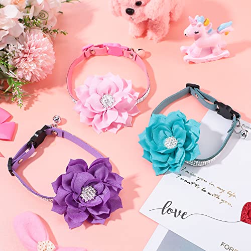 3 Pcs Rhinestone Cat Collars for Girl Cats Bling Kitten and Flower Adjustable Breakaway Collar with Bell Soft Velvet Shine Collar for Small Dogs Puppy (Pink, Blue, Purple, Flower Style)