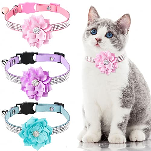 3 Pcs Rhinestone Cat Collars for Girl Cats Bling Kitten and Flower Adjustable Breakaway Collar with Bell Soft Velvet Shine Collar for Small Dogs Puppy (Pink, Blue, Purple, Flower Style)