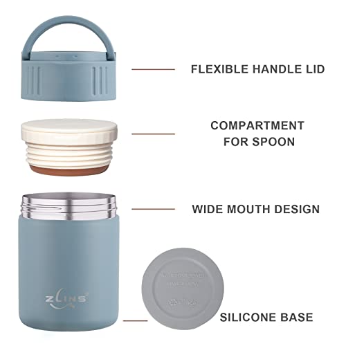 ZLINS Insulated Food Jar 13 oz, Foldable Spoon, Reusable Stainless Steel Lunch Thermos Container, Leak Proof Vacuum Lunch Storage for Soup Hot Cold, Portable Smoothie Bowl with Handle Lid (Blue)