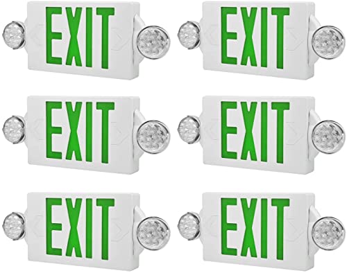 JW LIGHTING LED Exit Signs with Emergency Lights, Double Sided Adjustable LED Emergency Combo Light with Backup Battery, Hard Wired, Commercial Grade, 120-277V, Fire Resistant (UL 924) Green 6 Pack