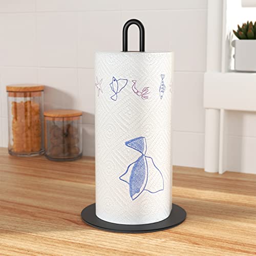 Black Paper Towel Holder Countertop, Farmhouse Paper Towel Holder Stand for Kitchen and Bathroom Organization and Storage, Paper Towel Roll Holder with Non-Slip Base for Standard and Large Size Rolls