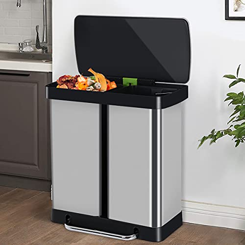 Kitchen Trash Can 16 Gallon/ 60L, 13Gallon/50L, 10Gallon/40L Stainless Steel Trash Can with Lid & Removeable Barrel, High-Capacity Step Garbage Can Classified Recycle Rubbish Bin for Bathroom Bedroom Home Office