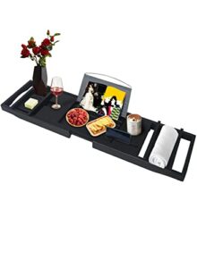 zhtyre bathtub tray bathtub shelf extendable bathtub shelf with bamboo bookshelf and soap tray 1 or 2 person bath and bed tray (black) (black)