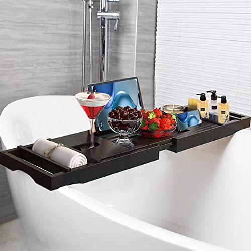 ZHTYRE Bathtub Tray Bathtub Shelf Extendable Bathtub Shelf with Bamboo Bookshelf and soap Tray 1 or 2 Person Bath and Bed Tray (Black) (Black)