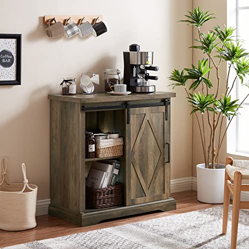 Okvnbjk Buffet Cabinet with Storage, Farmhouse Coffee Bar Cabinet, 32in Sideboard Cabinet with Sliding Barn Door, Buffets & Sideboards for Kitchen Living Room (Rustic Oak)