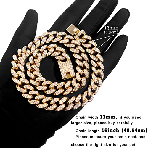 Flatfoosie Cuban Link Dog Collar Gold Silver Color Metal Chain Diamond Pet Collars for Dogs Cats Jewelry 8/10/14/16/18/20/24/28 Inch (16inch, Gold)