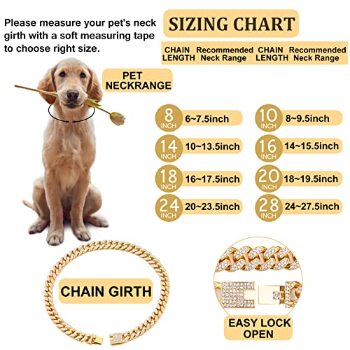 Flatfoosie Cuban Link Dog Collar Gold Silver Color Metal Chain Diamond Pet Collars for Dogs Cats Jewelry 8/10/14/16/18/20/24/28 Inch (16inch, Gold)