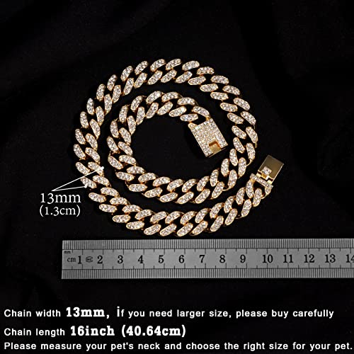 Flatfoosie Cuban Link Dog Collar Gold Silver Color Metal Chain Diamond Pet Collars for Dogs Cats Jewelry 8/10/14/16/18/20/24/28 Inch (16inch, Gold)