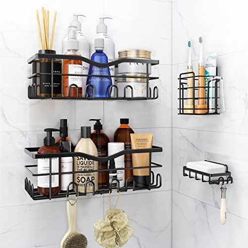 Shower Caddy with Hook, Adhesive Shower Shelf for Inside Shower Basket Rack Storage, 4 Pack Stainless Steel Shower Organizer with Soap Holder and Toothbrush Holder for Bathroom,4 Removable Hooks Black