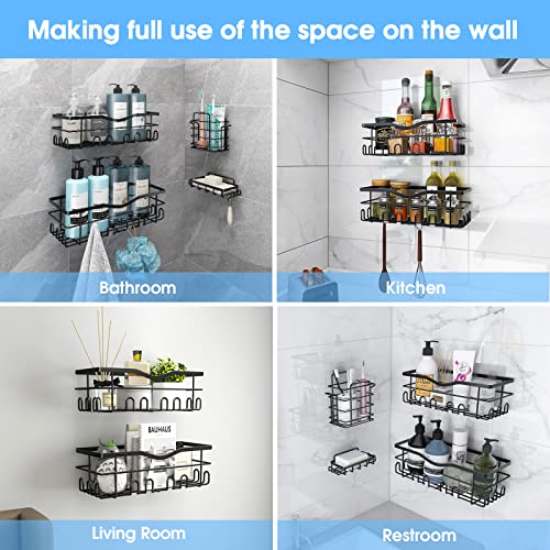 Shower Caddy with Hook, Adhesive Shower Shelf for Inside Shower Basket Rack Storage, 4 Pack Stainless Steel Shower Organizer with Soap Holder and Toothbrush Holder for Bathroom,4 Removable Hooks Black