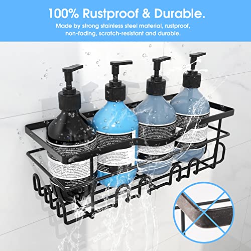 Shower Caddy with Hook, Adhesive Shower Shelf for Inside Shower Basket Rack Storage, 4 Pack Stainless Steel Shower Organizer with Soap Holder and Toothbrush Holder for Bathroom,4 Removable Hooks Black