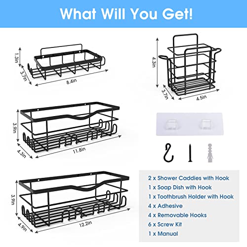 Shower Caddy with Hook, Adhesive Shower Shelf for Inside Shower Basket Rack Storage, 4 Pack Stainless Steel Shower Organizer with Soap Holder and Toothbrush Holder for Bathroom,4 Removable Hooks Black