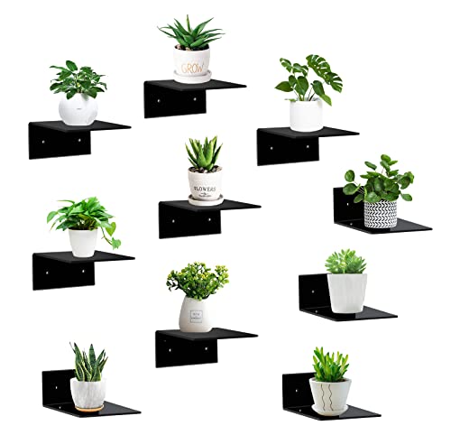 10 Pack Acrylic Floating Shelves for Wall, Wall Mounted Small Hanging Display Shelves for Plants, Funko Pop Figures, Adhesive Shelf for Bedroom, Picture Toy Clear Display Shelves(Black)