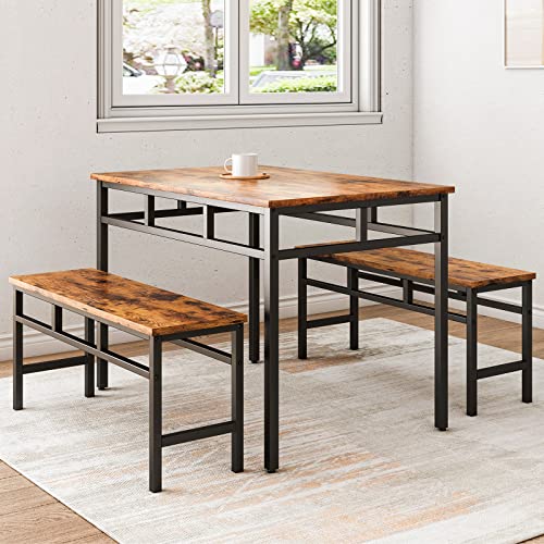 CALABASH Dining Room Table Set with 2 Benches, Industrial 3 Piece Dining Set for Home, Kitchen, Apartment and Small Space,Rustic Brown and Black Metal Frame