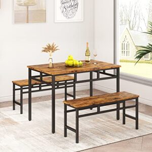 CALABASH Dining Room Table Set with 2 Benches, Industrial 3 Piece Dining Set for Home, Kitchen, Apartment and Small Space,Rustic Brown and Black Metal Frame