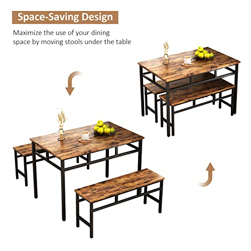 CALABASH Dining Room Table Set with 2 Benches, Industrial 3 Piece Dining Set for Home, Kitchen, Apartment and Small Space,Rustic Brown and Black Metal Frame