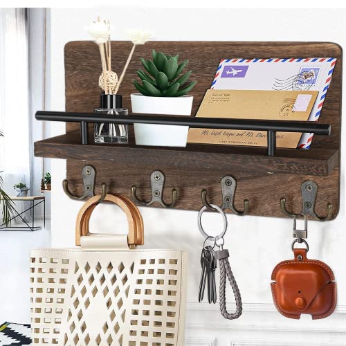 AIVIIN Key Holder for Wall Mail Organizer Wall Mount with 4 Double Key Hooks, Mail Holder Wall Mount with Shelf, Rustic Home Decor for Entryway Mudroom Hallway Office (13.78” X 11.02” X 3.15”) (Brown)