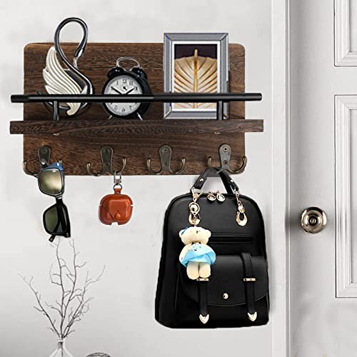 AIVIIN Key Holder for Wall Mail Organizer Wall Mount with 4 Double Key Hooks, Mail Holder Wall Mount with Shelf, Rustic Home Decor for Entryway Mudroom Hallway Office (13.78” X 11.02” X 3.15”) (Brown)