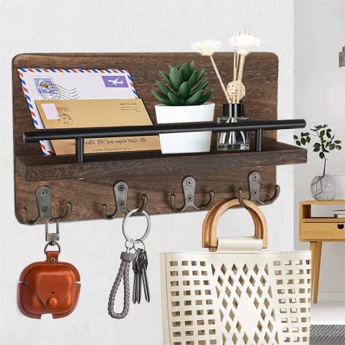 AIVIIN Key Holder for Wall Mail Organizer Wall Mount with 4 Double Key Hooks, Mail Holder Wall Mount with Shelf, Rustic Home Decor for Entryway Mudroom Hallway Office (13.78” X 11.02” X 3.15”) (Brown)