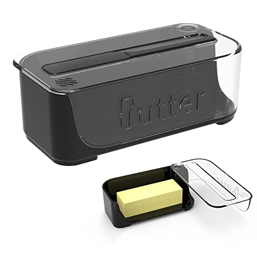 Butter Dish with Lid and Knife, Chesbung Butter Holder for Countertop, Butter Keeper Tray for West/ East Coast Butter, Covered Butter Container Butter Crock for Refrigerator (Black)