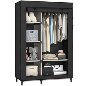 buzowruil canvas wardrobe portable closet wardrobe clothes storage with 6 shelves and hanging rail,non-woven fabric, quick and easy assembly,black