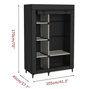 Buzowruil Canvas Wardrobe Portable Closet Wardrobe Clothes Storage with 6 Shelves and Hanging Rail,Non-Woven Fabric, Quick and Easy Assembly,Black