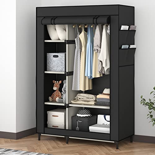 Buzowruil Canvas Wardrobe Portable Closet Wardrobe Clothes Storage with 6 Shelves and Hanging Rail,Non-Woven Fabric, Quick and Easy Assembly,Black