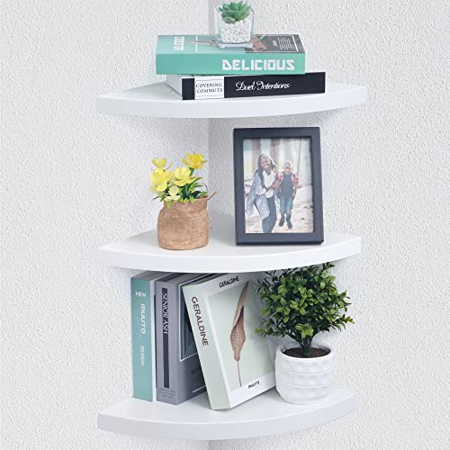 Corner Floating Shelves Set of 3 | Corner Wall Shelves | Wall Mounted Corner Storage Display Shelving for Bathroom, Bedroom, Living Room, Kitchen | 12-4/5" D x 12-4/5" W | Fan-Shaped, Simply White