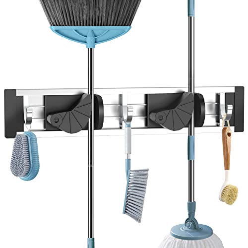 KINGTOP Broom Mop Holder Wall Mount Sturdy Space Aluminum Broom Organizer Rack with Hooks Great for Home Pantry, Kitchen, Garden,Garage & Laundry Tool Storage (2 Racks 3 Hooks Black)