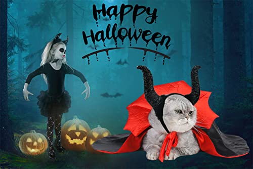 2 Pcs Pet Halloween Costume Cat Dog Cosplay Vampire Cape Devil Horns Hat Holiday Clothes for Cat Puppy Dog Halloween Party Pet Cosplay