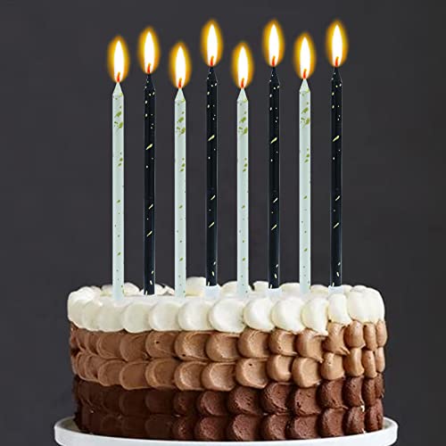 Berkebun 24-Count Birthday Candles Long Thin Cake Candles Cupcake Candles Tall Candles with Holders for Birthday Wedding Anniversary Graduation Retirement Party Decoration (Black and White）