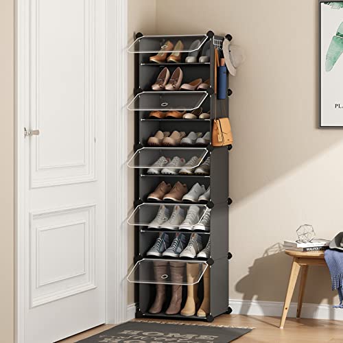 MAGINELS Portable Shoe Rack, 20-Pair DIY Vertical Storage Shelf Organizer, Plastic Shoe Organizer for Entryway, Narrow Shoe Cabinet with Doors Grey